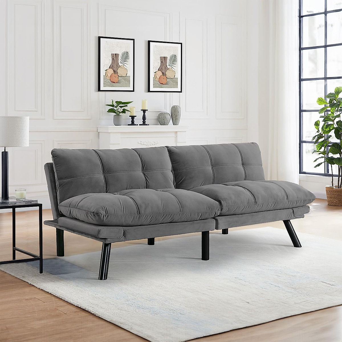 Convertible Velvet Futon Sofa Bed, Comfy 72" L Sleeper Couch with Thicker Cushion, Upholstered Modern Reclining Loveseat Folding Sofa for Small Living Room, Dorm, Apartment, Office, Light Gray