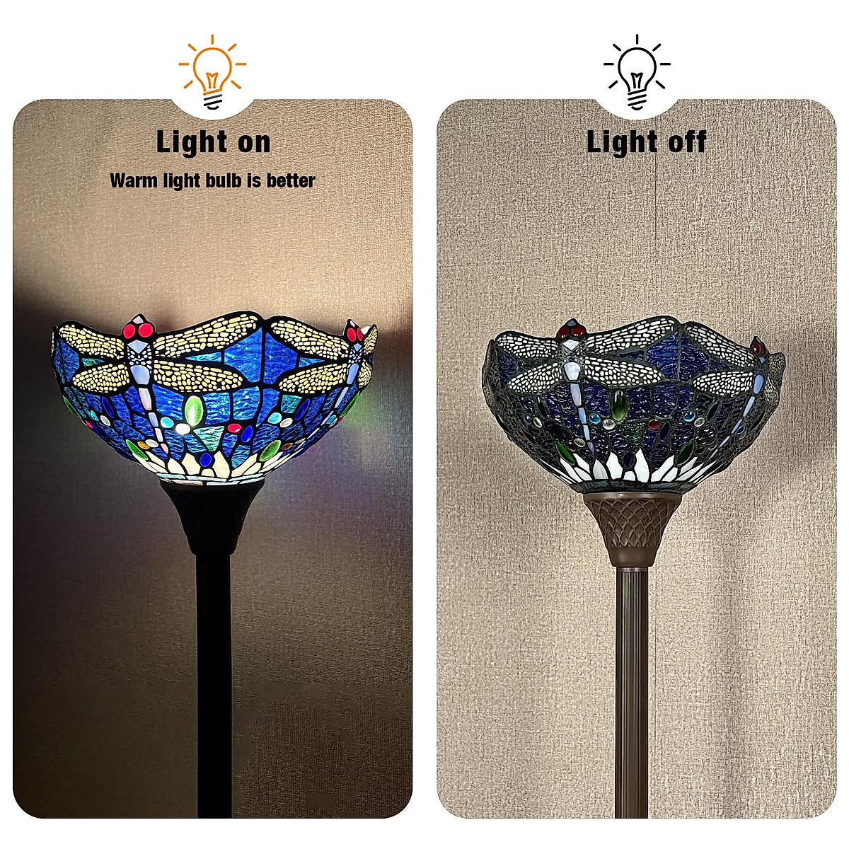 Capulina Sea Blue Tiffany Torchiere Floor Lamp Industrial Dark Bronze Pole Dragonfly Style Stained Glass Standing Light for Living Room Bedroom