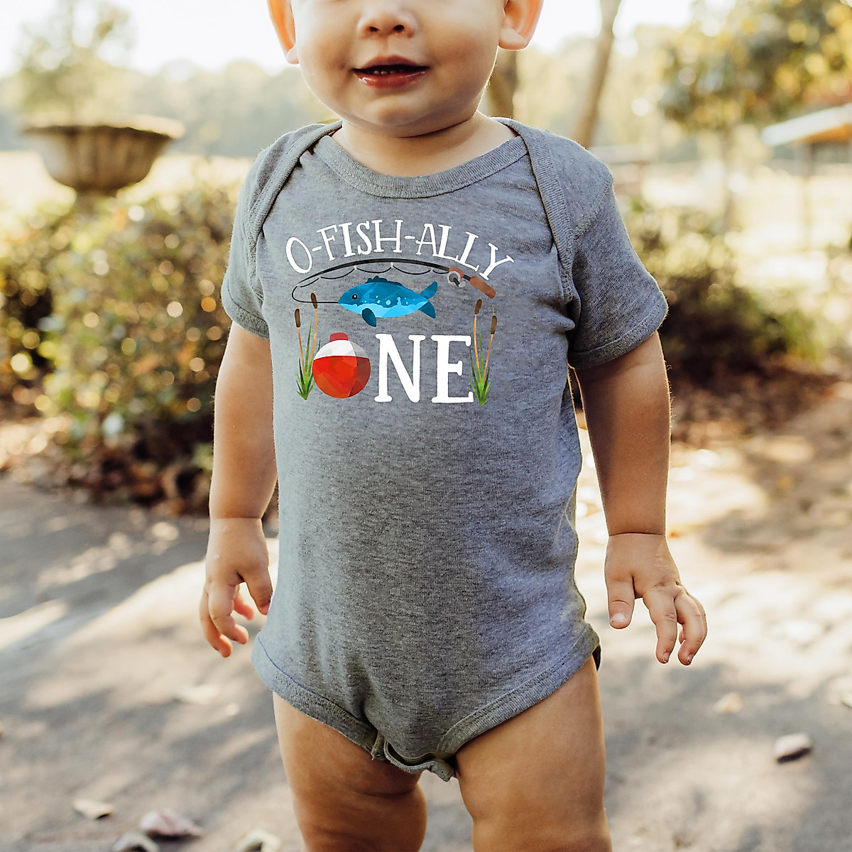 Olive Loves Apple O-Fish-Ally- ONE Boys 1st Birthday Bodysuit for Baby Boys Fishing First Birthday Outfit Granite Heather Bodysuit