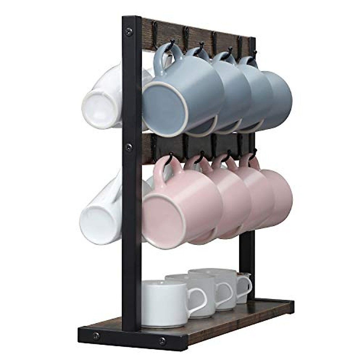 OROPY Vintage Wood Coffee Mug Holder Stand, 2 Tier Countertop Mug Tree Holder Rack for Coffee Mugs Cups, Dark Brown (Double Side,16 Hooks)