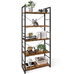 ODK 5 Tier Bookshelf, Industrial Open Bookcase Storage Organizer, Modern Tall Book Shelf for Bedroom, Living Room and Home Office, Rustic Brown