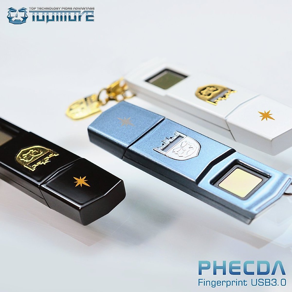TOPMORE Phecda Fingerprint Recognition USB3.0 Flash Drive Fingerprint ID Security Flash Disk Biometric Fingerprint Reader Memory Stick (64GB, Blue & Silver)