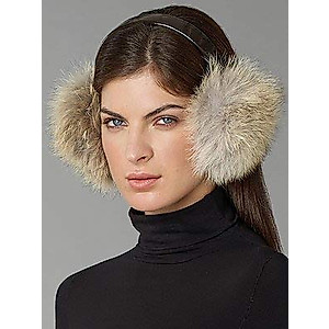 surell Soft Beige Real Coyote Fur Earmuffs with Black Non Adjustable Velvet Head Band - Winter Fashion Ear Warmers - Perfect Elegant Women's Luxury Gift