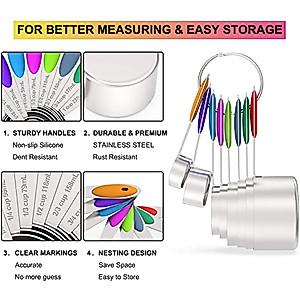 Measuring Cups & Spoons Set of 16, Wildone Premium Stainless Steel Measuring Cups and Measuring Spoons with Colored Silicone Handle, Including 8 Nesting Cups, 8 Spoons, for Dry and Liquid Ingredient