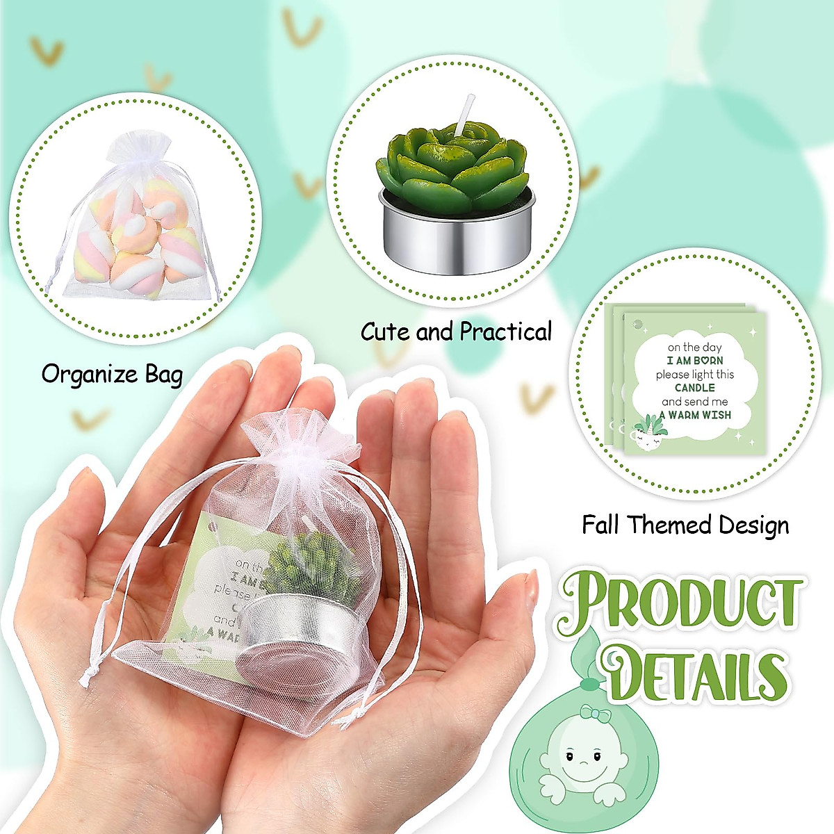 MTLEE 48 Sets Baby Shower Favors Include 48 Succulent Pumpkin Shaped Candles Fall Mini Plants Tea Lights Candles with 48 Invitations Cards and 48 Organza Bags for Baby Gender Reveal Guests(Succulent)