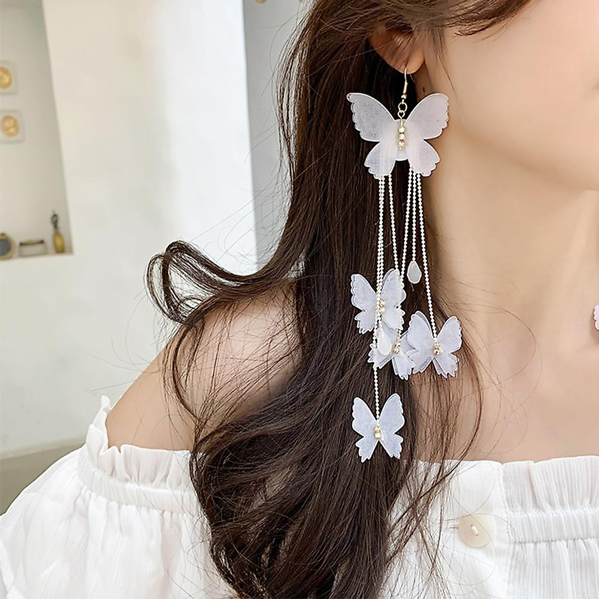 Happyyami 1 Pair Butterfly Wing Earrings Chiffon Fabric Earrings Flower Petals Long Earrings Bohemian Statement Drop Earrings Boho Jewelry for Lady Girl