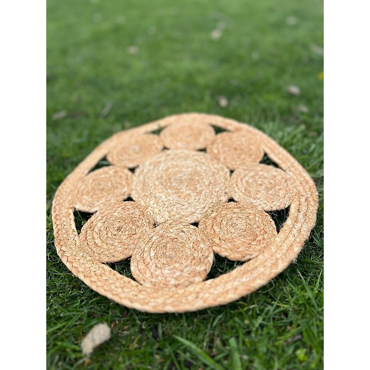 Flower Jute Placemats Set | 100% Natural and Eco-Friendly | Soft & Durable | Round 13" x 13" | Dining Room Table Mat in Natural Jute Color | No Artificial Color (6)