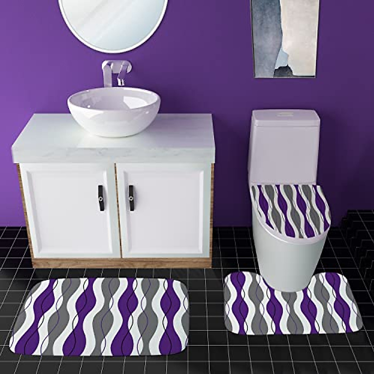 Izayoi 4 Pcs Geometric Shower Curtain Sets Non-Slip Rugs Bath Mat, Toilet Cover, U-Shaped Mat, Abstract Modern Shower Curtain with 12 Hooks, Purplre Bathroom Set