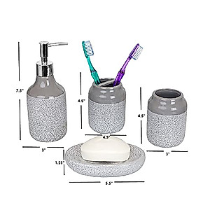 Home Basics Crackle 4 Piece Ceramic Bath Accessory Set-Includes Lotion Dispenser, Toothbrush Holder, Soap Dish, Tumbler, Grey
