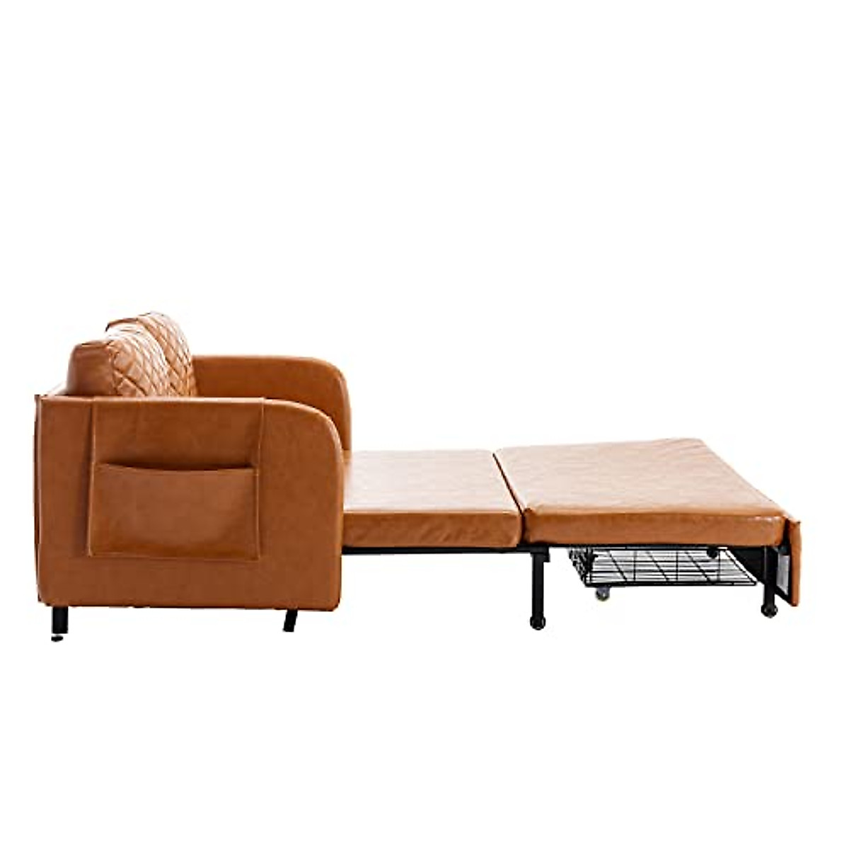 VKKILPEE Modern Pull Out Sofa Bed Convertible Couch Bed PU Sofa Sleeper with 2 Pillows & Side Pockets Small Full Bed Loveseat Futon Couch Sleeper with Headboard, Easy Assembly, Brown