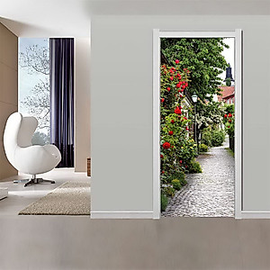 A.Monamour 3D Door Stickers for Interior Doors Blooming Flowers in Garden Patio Narrow Alley Botanical Theme Vinyl Waterproof Self Adhesive Door Mural Decals for Bedroom Office Bathroom 85 x 200 cm