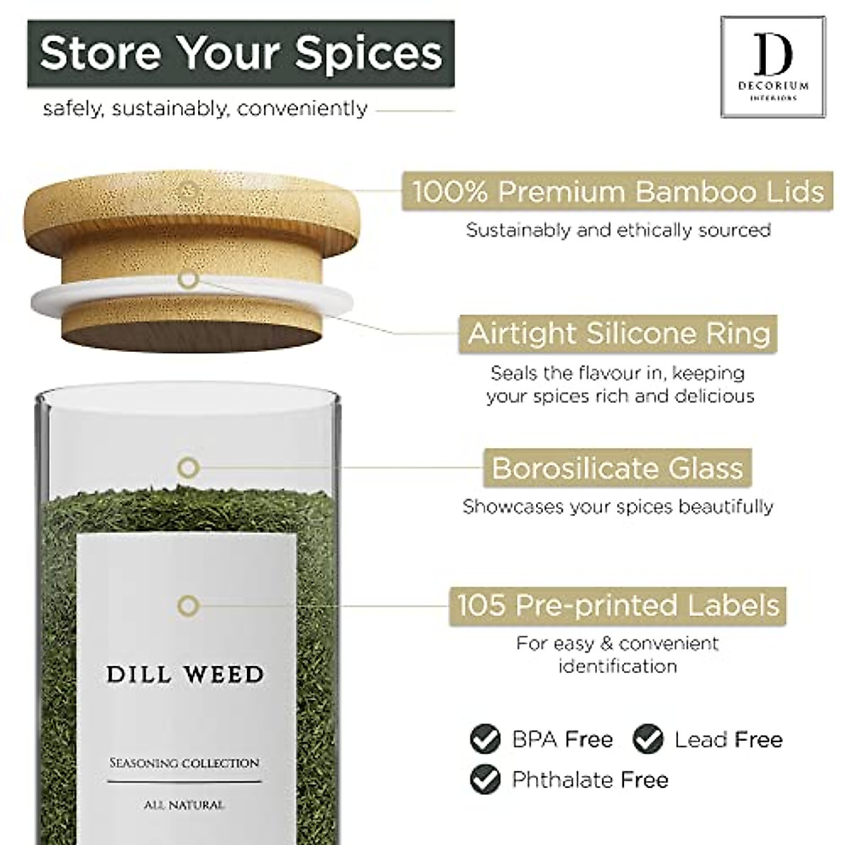 Decorium Interiors Bamboo Spice Jars (10 Pack, 6oz) – Glass Jars with Bamboo Lids - Spice Containers with Bamboo Lids w/ 105 Pre-Printed Labels – Lead-Free Bamboo Jars for Storing Spices & More