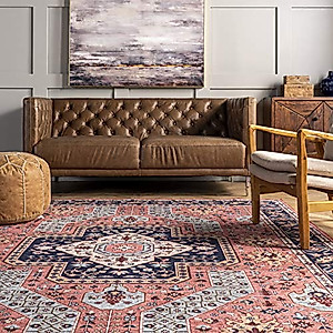 nuLOOM Amber Machine Washable Floral Aztec Area Rug, 4' x 6', Rust