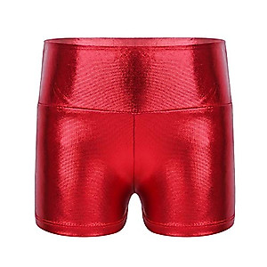 ACSUSS Kids Girls Shiny Metallic High Waist Shorts Gymnastics Ballet Dance Yoga Sports Shorts Hot Pants Dancewear Red 10