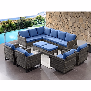 HUMMUH 8 Piece Patio Furniture All Weather 6-Seater Outdoor Sectional Sofa with Patio Swivel Chairs and Outdoor Chairs Ottomans for Porch,Garden,Backyard,Deck