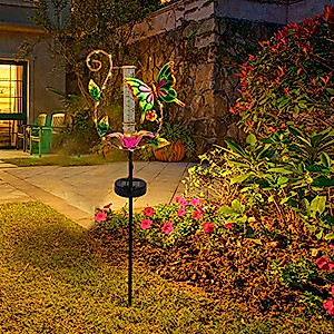 Juegoal 31.5 Inch Rain Gauge, Solar Powered Lighted Butterfly Garden Stakes Decor with 16 LED Warm White Copper Lights, Metal Yard Art Outdoor Lawn Pathway Patio Decorations