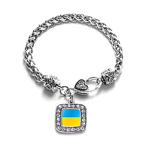 Inspired Silver - Ukraine Flag Braided Bracelet for Women - Silver Square Charm Bracelet with Cubic Zirconia Jewelry