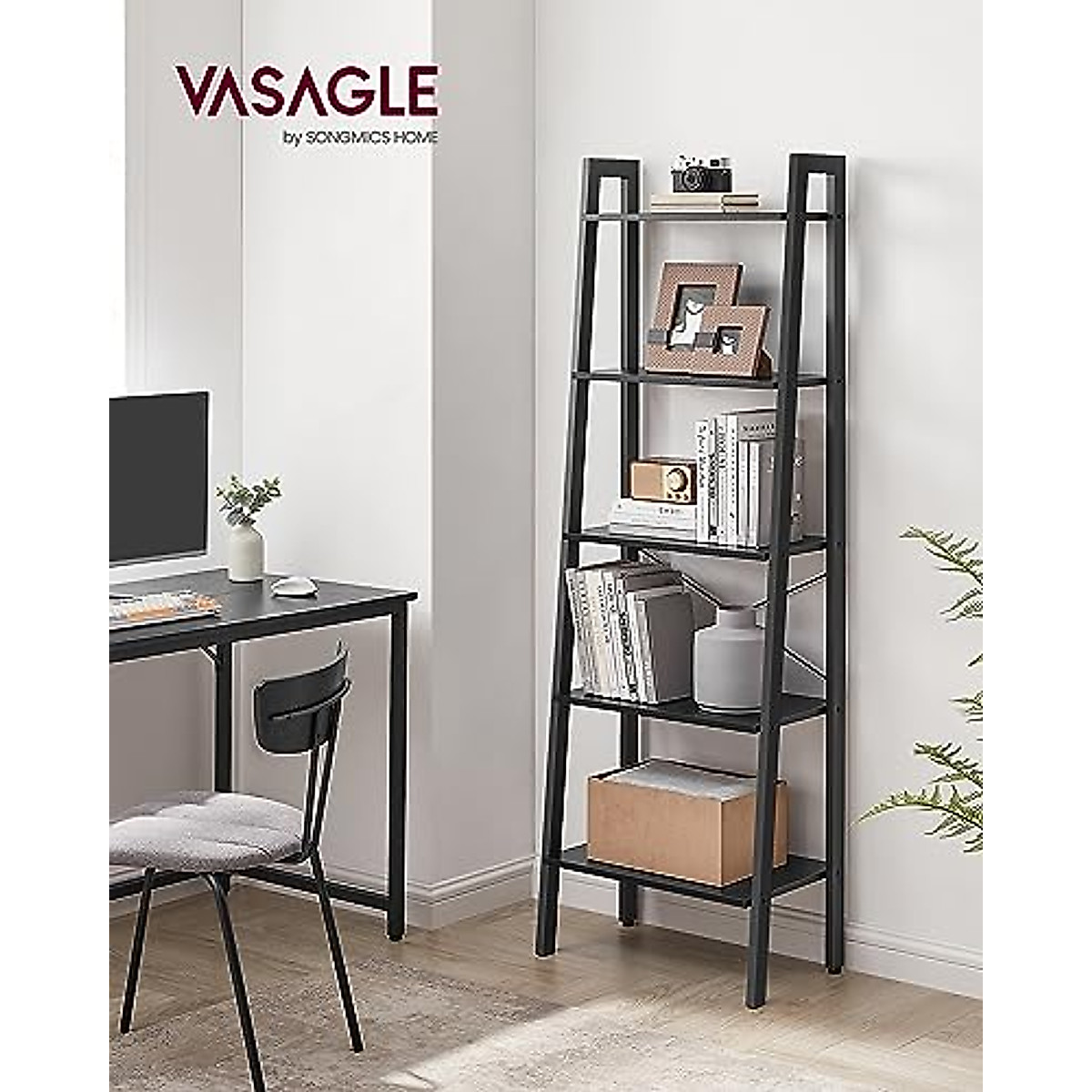 VASAGLE Ladder Shelf, 5-Tier Bookshelf, Storage Rack, Bookcase with Steel Frame, for Living Room Home Office, Kitchen, Bedroom, Industrial Style, Ebony Black + Black