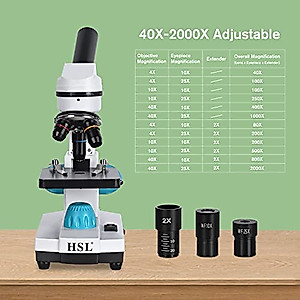 HSL Microscope for Kids,40X-2000X monocular Microscopes for Adults Students Beginner with LAD Set,Dual LED Phone Adapter Powerful Biological Microscopes for School Boys Girls Home Education Laboratory