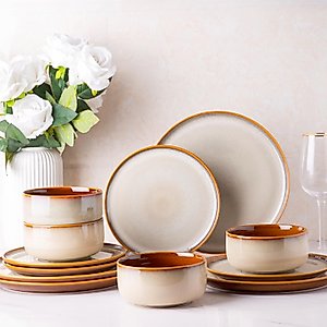 LeRatio Ceramic Dinnerware Sets for 4,12-Piece Plates and Bowls,Handmade Reactive Glaze Dishes Set,Chip Resistant and Scratch Resistant | Oven Dishwasher & Microwave Safe,Service for 4-Kahki