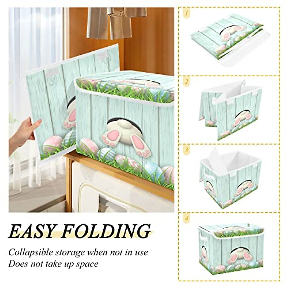 Storage Bins with Lids Foldable Storage Baskets Storage Cubes Collapsible Closet Organizer Containers with Cover Easter Bunny White Rabbit Eggs on Green Wooden for Home Office Organizer Closet, Shelv