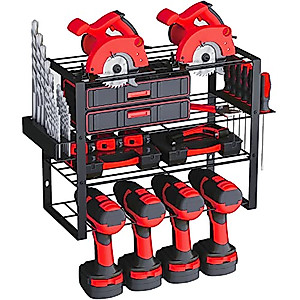 EAXCK Power Tool Organizer, Garage Tool Storage, Drill Holder Wall Mount, Heavy Duty Metal Tool Shelf Cordless Drill Workshop Rack 4 Layers with Screwdriver Holder, Father's Gift
