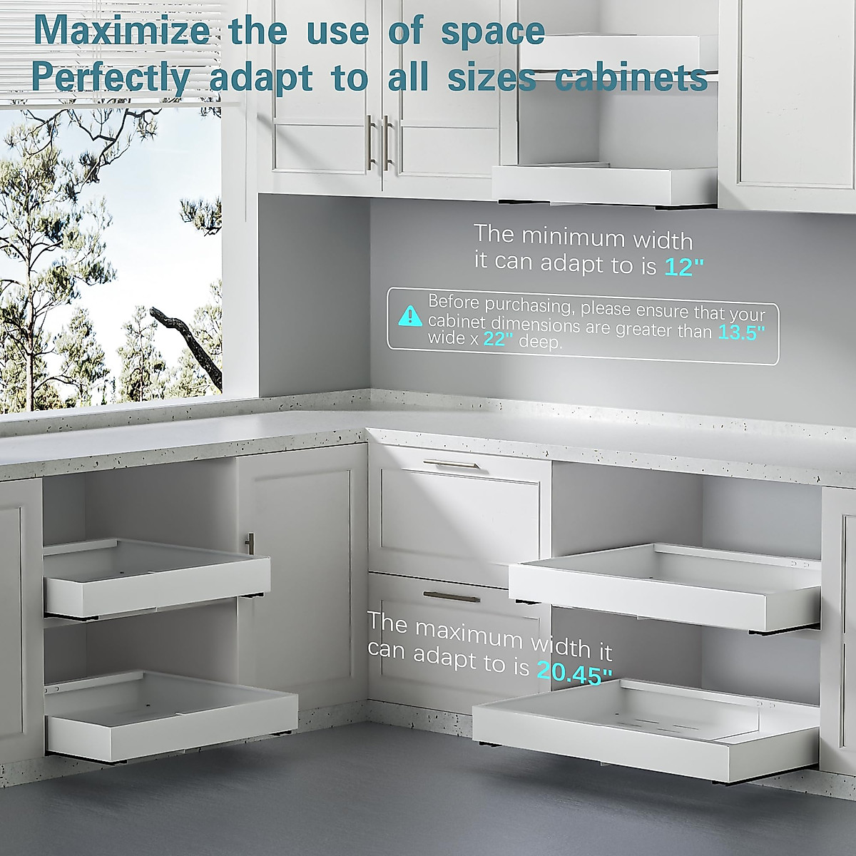 2Pack Expandable Pull Out Cabinet Organizer 21" Deep, Peel And Stick Slide Out Drawers for Kitchen Cabinet, Cabinet Pull Out Shelves, Roll Out Drawers Adjustable Width 12"-20.45" White