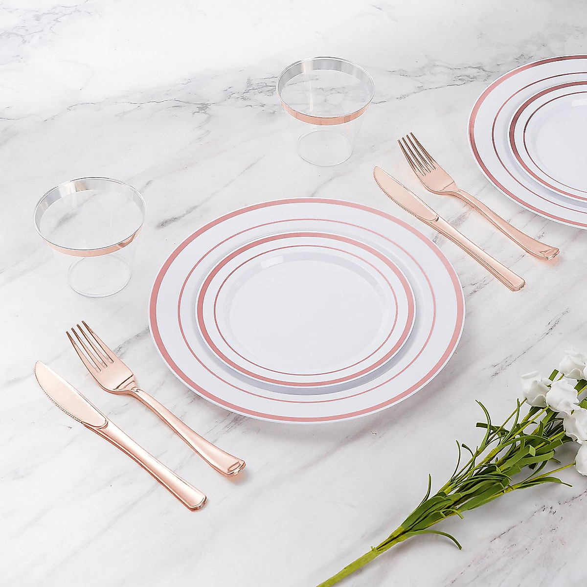 Goodluck 600 Pieces Rose Gold Disposable Plates for 100 Guests, Plastic Plates for Party, Wedding, Dinnerware Set of 100 Dinner Plates, 100 Salad Plates, 100 Spoons, 100 Forks, 100 Knives, 100 Cups