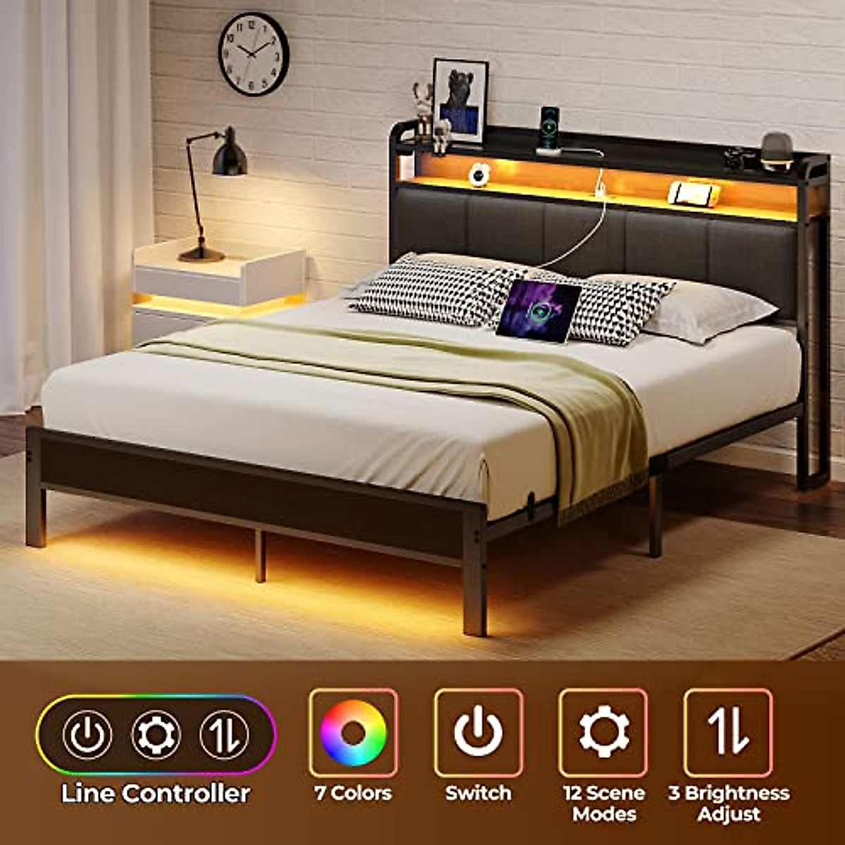 Rolanstar Bed Frame Queen Size with Charging Station and LED Lights, Upholstered Headboard with Storage Shelves, Heavy Duty Metal Slats, No Box Spring Needed, Noise Free, Easy Assembly, Dark Grey