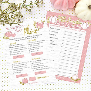DISTINCTIVS Pink Little Pumpkin Girl Baby Shower - What's On Your Phone and Word Scramble (2 Game Bundle) - 20 Dual Sided Cards