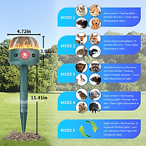 Ultrasonic Solar Animal Repeller for Yard, 5 Modes Outdoor Cat Squirrel Repellent with Motion Sensor, Flame Light, Motor Vibration, Deterrent for Deer Skunk Dog Snake Gophers for Yard Garden