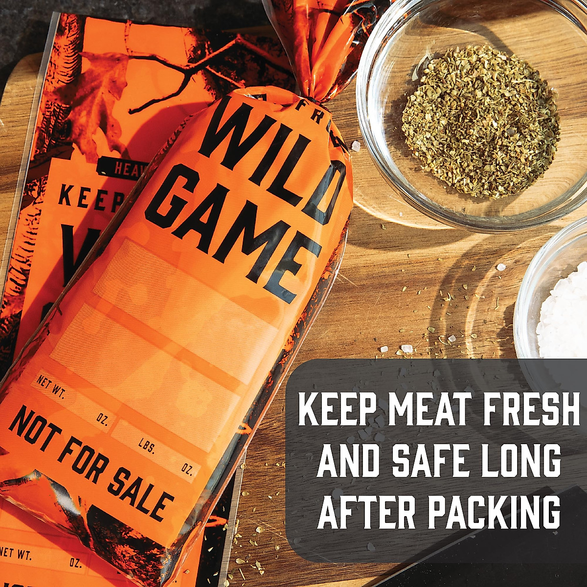 Klarny Outdoors Wild Game Freezer Bags for Ground Meat or Venison, 1.5 LB Blaze Orange Camouflage Hunting Meat Packaging Storage System with Twist Ties for Preventing Freezer Burn (50 Bags)