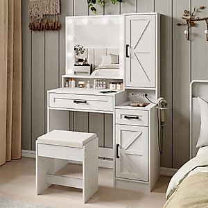 Fameill Vanity Desk with Mirror and Lights,Make up Vanity with Chair and Outlet,Dressing Table with Jewelry Cabinet, Bedroom Vanity with 2 Drawers, 3 Lighting Colors,36.4 inch,White