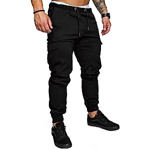 Kroivil Men's Casual Pants Drawstring Sweat Jogging Cargo with Pockets Joggers Long Sports Active for Men Gym Training Pants Black