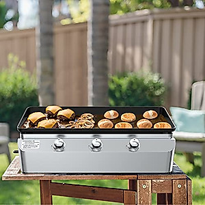 Nexgrill Premium Outdoor Cooking griddle grill, 3 Burner Griddle, 29.52"x15.75" 465sq. in. Cast Iron Griddle, Flat Top for Camping, Outdoor, Patio, Stainless Steel Griddle with knobs, Silver and Black