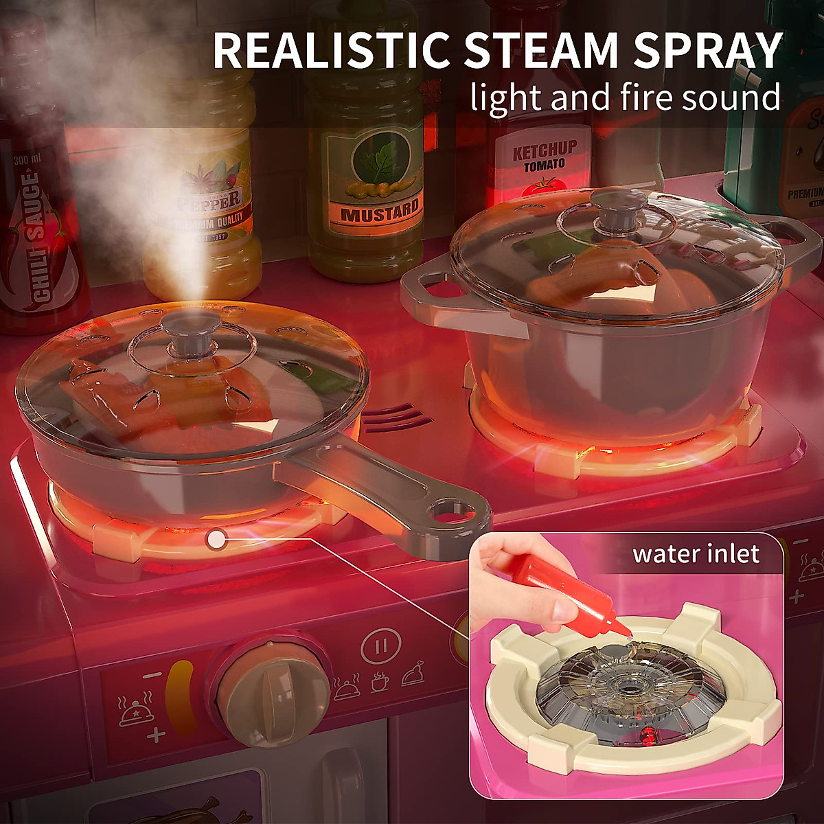 TEMI Pretend Food Kitchen Toys for Kids Ages 4-8, Kitchen Set for Toddlers 1-3, Play Kitchen Accessories w/Real Sounds Light, for Boys, Girls