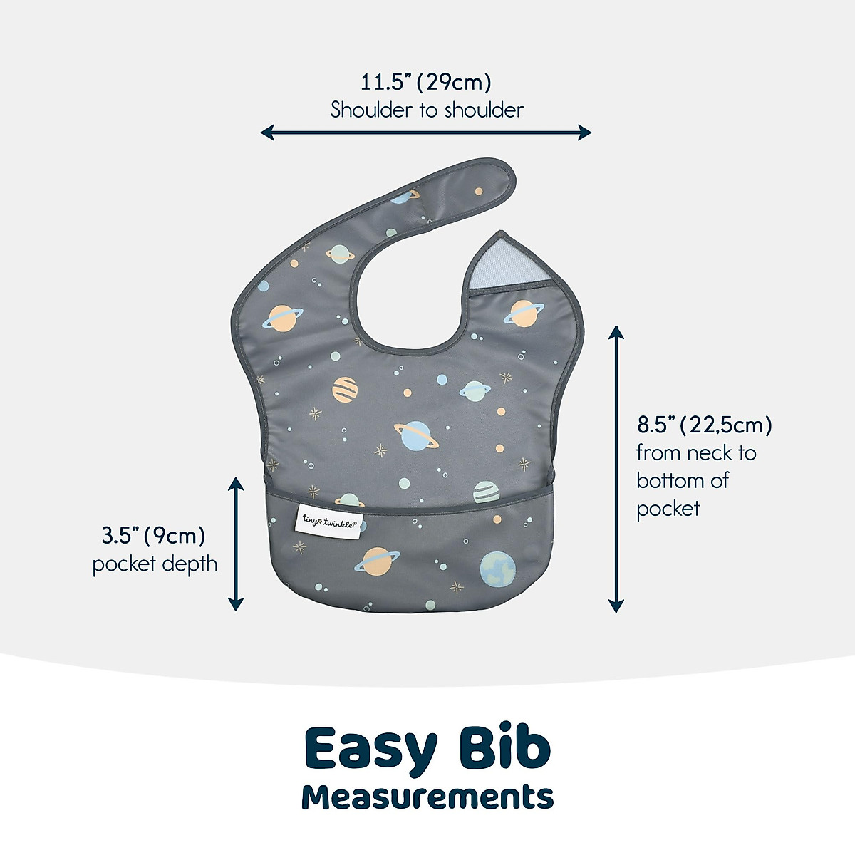 Tiny Twinkle Mess-Proof Baby Bib - Waterproof Bib for Baby Boy or Girl - Machine Washable - Adjustable Closure - PVC, BPA, & Phthalate Free - Great for Travel - Baby Food Bibs (3 Pack, Space)