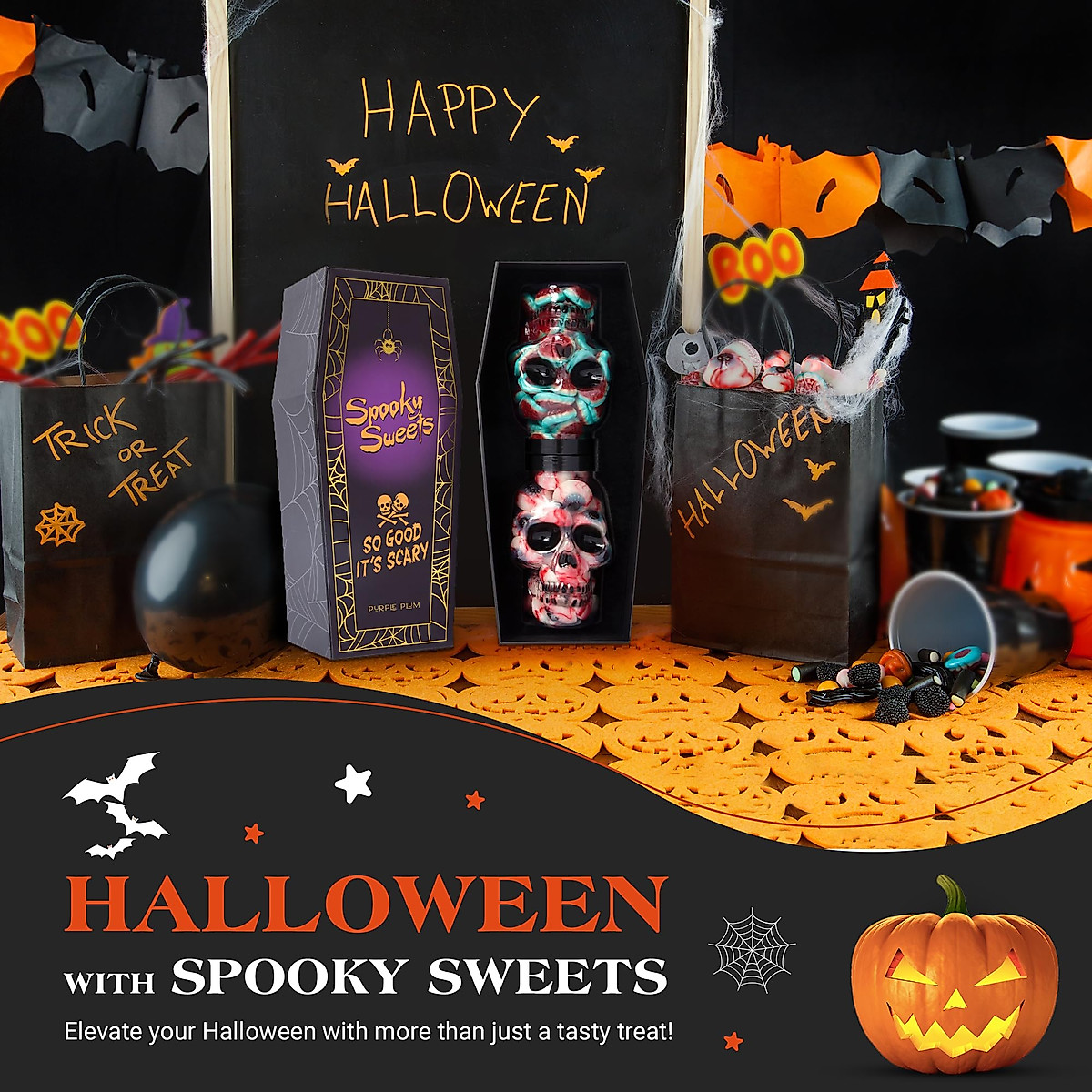 Purple Plum Halloween Trick or Treat Candies | Brain and Eyeball Gummies in Skull Shaped Candy Jars with Coffin Box | Spooky Sweets | Perfect For Halloween