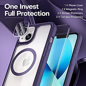 TAURI [5 in 1 Defender Designed for iPhone 13 Case 6.1 Inch, with 2 Pack Tempered Glass Screen Protector + 2 Pack Camera Lens Protector [Military Grade Protection] Shockproof Slim Thin-Dark Purple