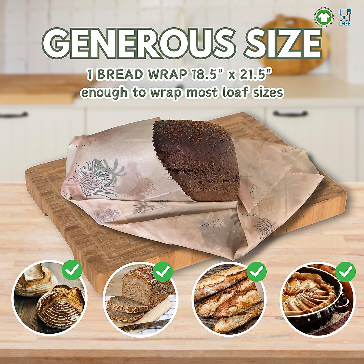 XL Beeswax Wraps 18.5x21.5" - Reusable Organic Bee Wax Bags for Food Storage, Bread, Sandwich, Sourdough, Eco-Friendly Wrapping Paper, Kitchen Container Covers, Sustainable Plastic-Free Cloth