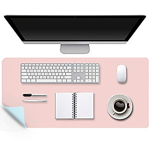 GothicBirde Desk Mouse Pad, Waterproof Large Leather Desk Pad , Anti-Slip & Dual-Sided & Easy Clean Desk Writing Mat for Office/Home (31.5" x 15.7" Pink/Light Blue)