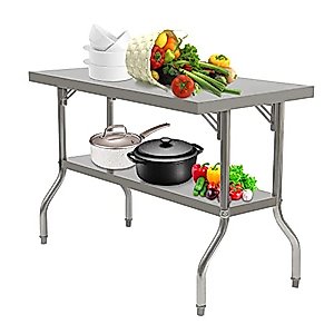 2-Layer Stainless Steel Table Metal Work Table for Kitchen Prep Utility Commercial Worktable Workstation 48 * 24 * 33.5 Inch Folding Commercial Prep Table, Heavy-Duty Stainless Steel Folding Table