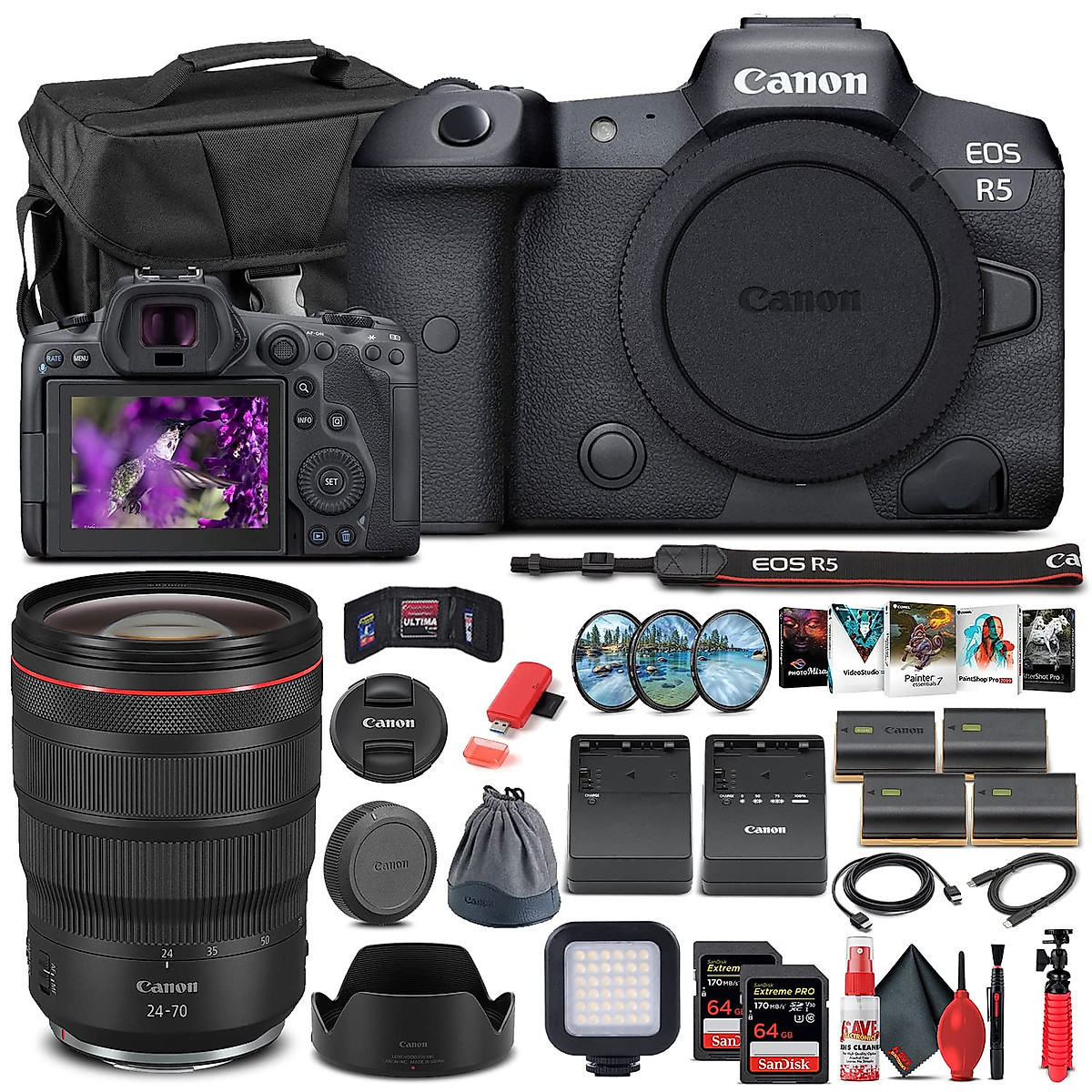 Canon EOS R5 Mirrorless Digital Camera (Body Only) (4147C002) + Canon RF 24-70mm Lens + 2 x 64GB Memory Card + Case + Corel Software + 3x LPE6 Battery + External Charger + Card Reader + More (Renewed)