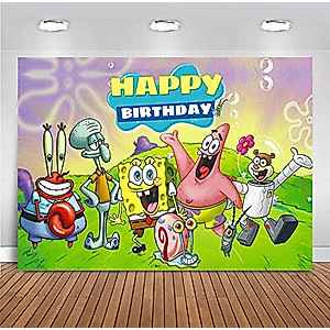 Cartoon Animal Photography Backdrop Children Baby Kids Happy 1st Birthday Supplies Patrick Star Spongebob Party Decorations Photo Background Banner Vinyl 7x5ft Photo Booth Studio Props Cake Table