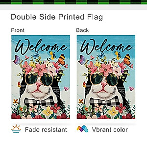 CMEGKE Spring Summer Cat Garden Flag, Spring Summer Welcome Cat Flags, Spring Summer Flags Summer Spring Rustic Vertical Double Sided Burlap Cat Floral Home Holiday Party Farmhouse Yard Lawn Outside Decorations 12.5 x 18 In