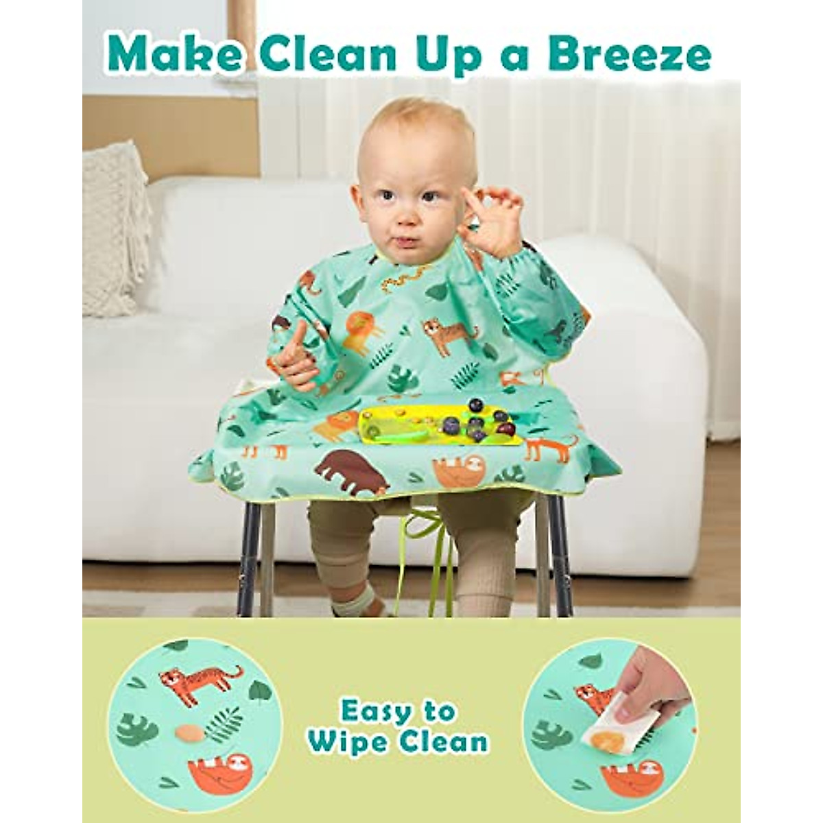 Lictin Coverall Baby Feeding Bibs - 2-Pack Long Sleeve Baby Bibs for Eating, Adjustable Weaning Bibs, Waterproof Bib Attaches and Fully Cover to Baby Highchair and Table