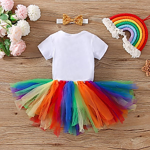 vivifayee Baby First Birthday Outfits Girl Cotton Romper Rainbow Samsh Cake Tulle Tutu Skirts with Bowknot Headband 3pcs Colorful One Year Old Girls Dress
