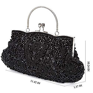 SSMY Beaded Sequin Design Flower Evening Purse Large Clutch Bag (Black)