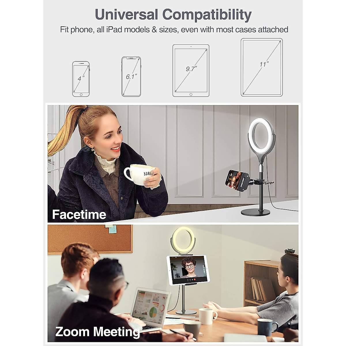 Elitehood iPad Stand with Ring Light for Online Video Conference, 3 Colors & 10 Brightness Computer Ring Light, Adjustable Desktop iPad Holder Stand for iPad Pro 12.9 11 Air Mini and 4-13’’ Tablet