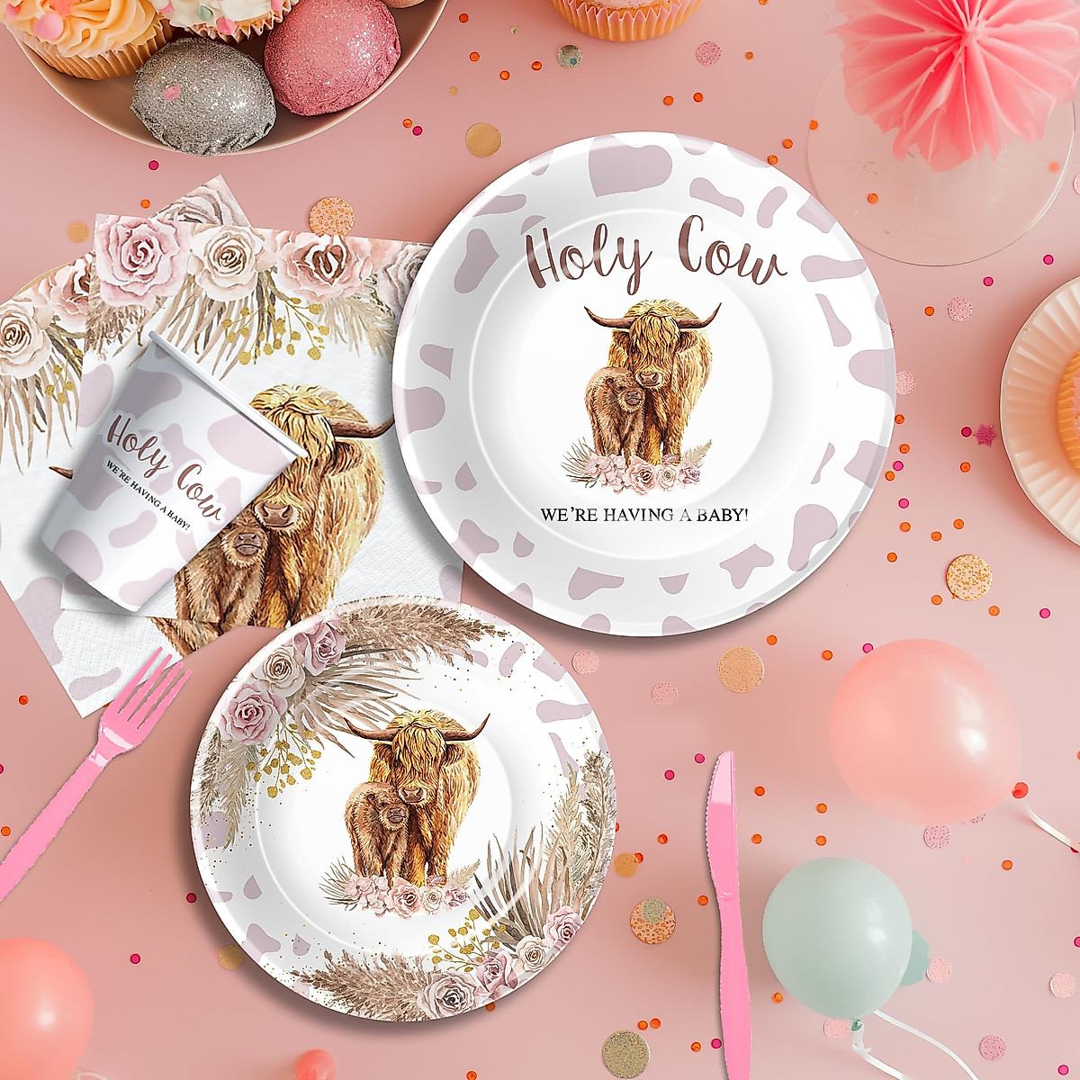 Xenorik Highland Cow Baby Shower Decorations Tableware - Holy Cow Baby Girl Party Supplies, Paper Plate, Cup, Napkin, Tablecloth, Cutlery, Boho Highland Cow Baby Shower Table Decorations | Serve 24